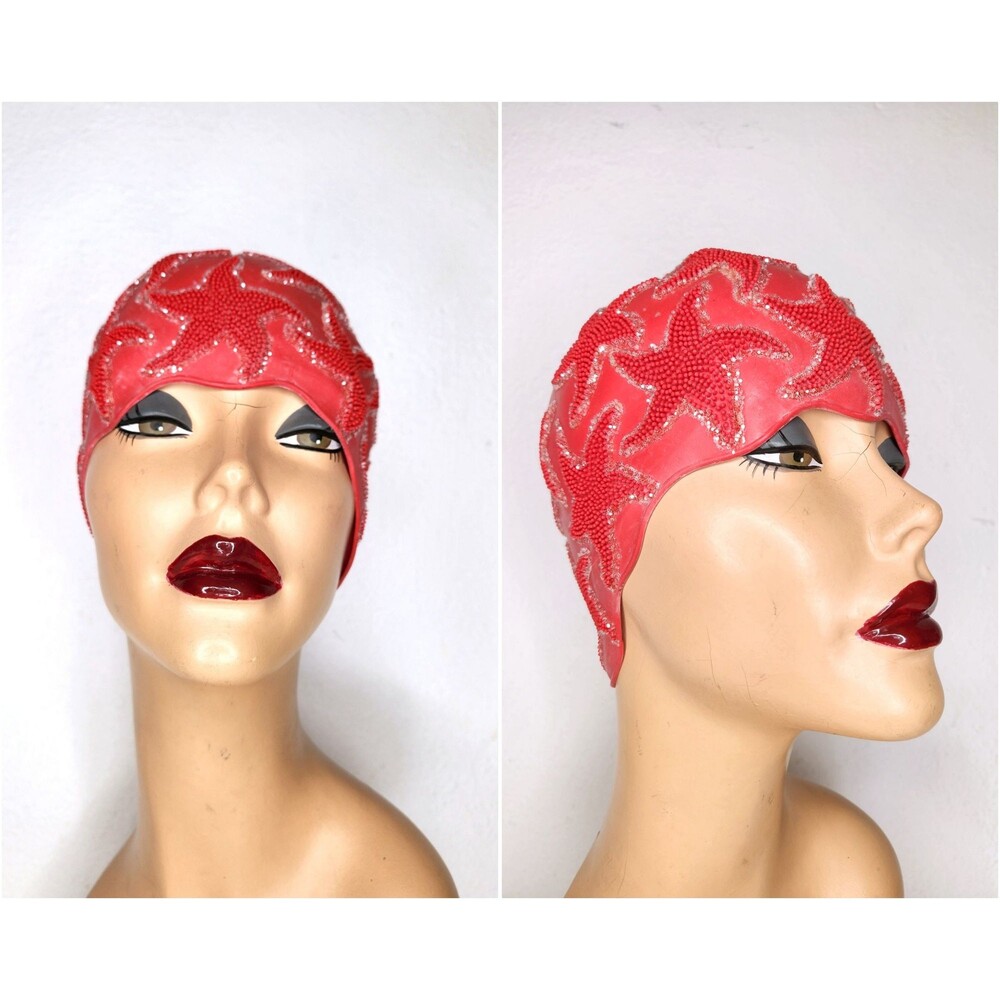 Swim Cap Starfish Rubber Bathing Cap Vtg Red Raised S… - Gem